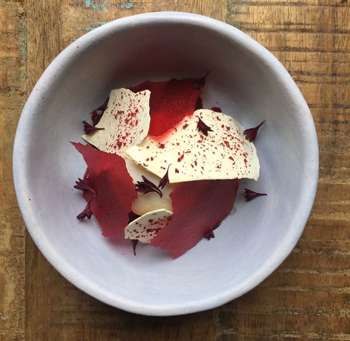 Blackberry ice, milk sorbet, blackberry tuile and meringue | Photo by ...