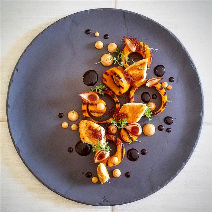 Chargrilled butternut,baby chicken,toasted pinenut puree,charred ...