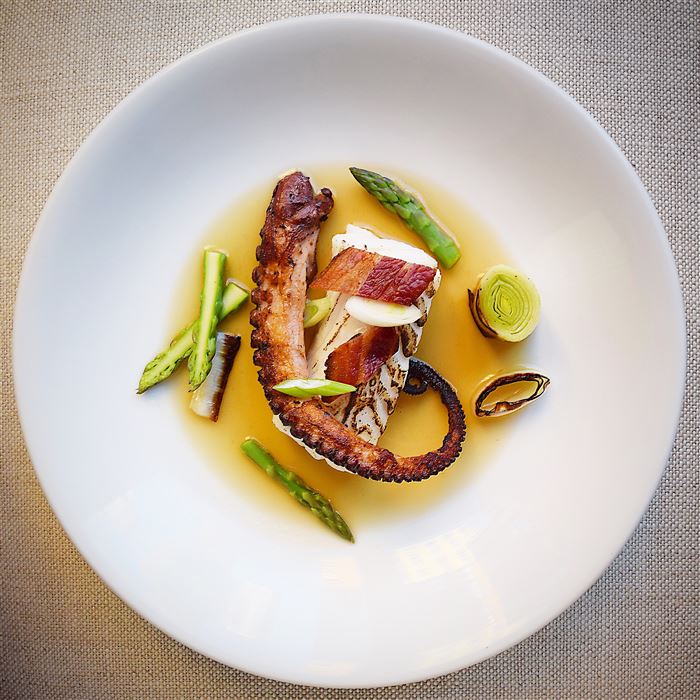 Red wine braised/seared octopus, poached/torched cod with asparagus ...