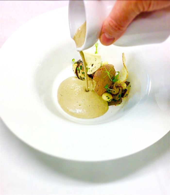 Mushrooms veloute/ foie gras pate/ spiced bread tuile | Photo by ...