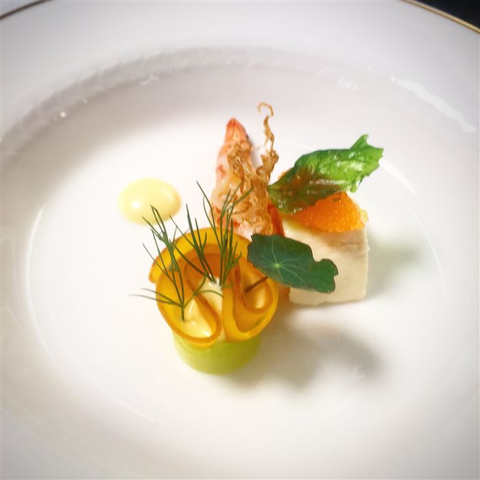 Tiger prawn, crayfish and pike perch terrine, vendace roe, pickled ...