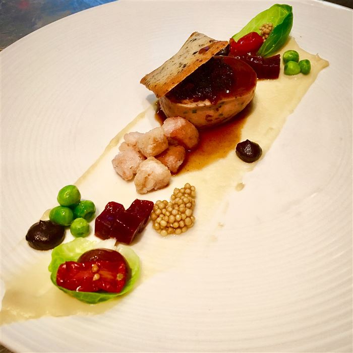 Chicken farce mixed with chorizo, bacon, truffle, topped with red wine ...