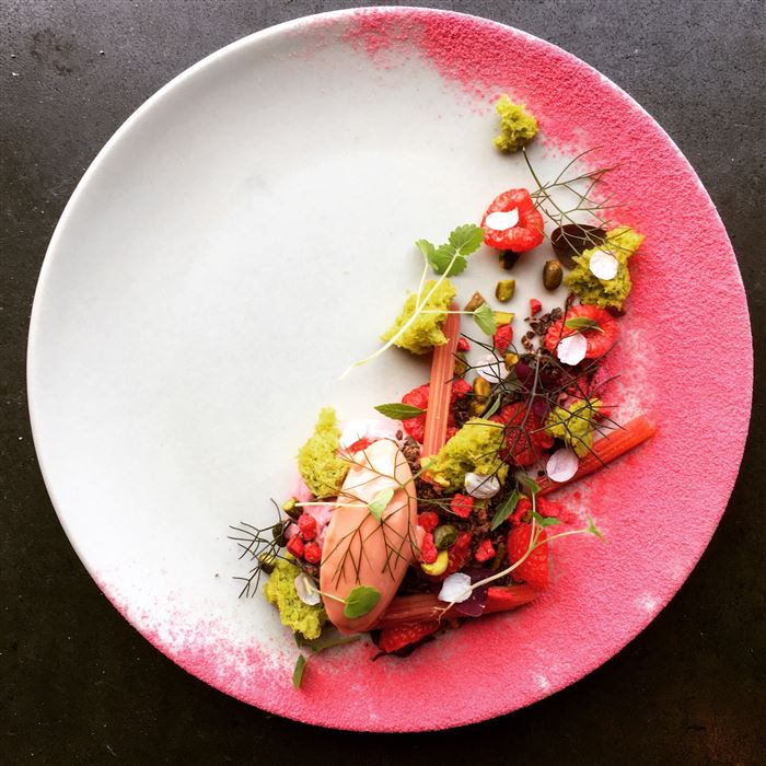 Rhubarb and rose sorbet, raspberry and white chocolate cremeux ...