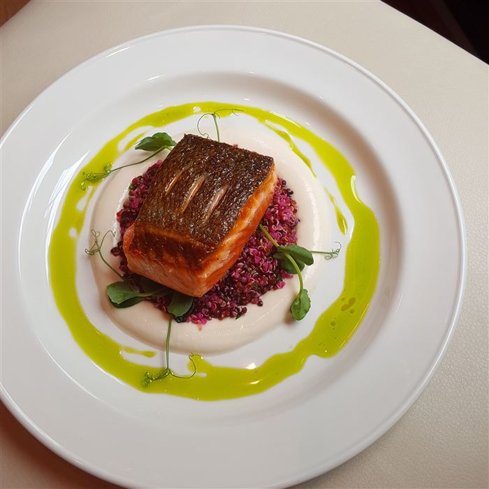 Salmon, white bean and lemon puree, beet quinoa and | Photo by ...