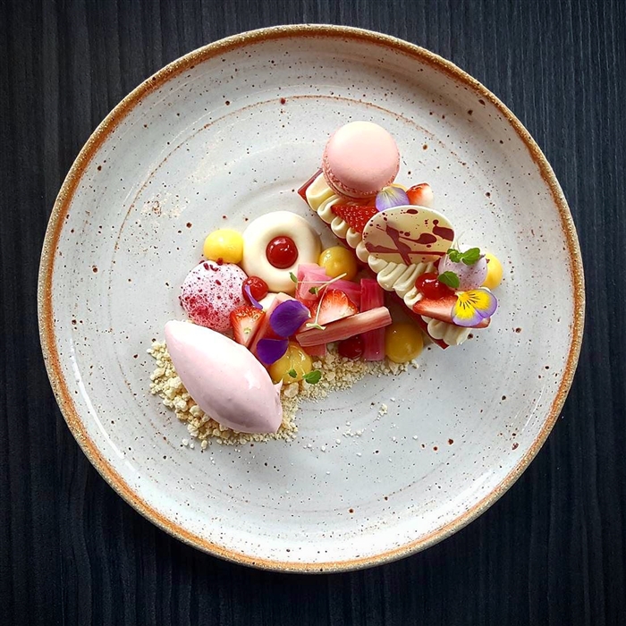 Sudachi curd, Strawberry ice cream, Strawberry meringues, Vanilla ...