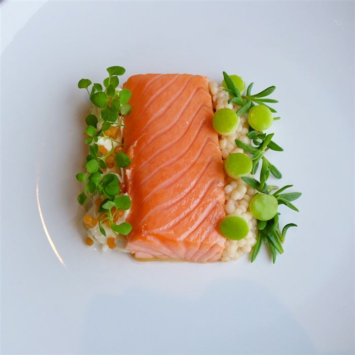 Beef, forbidden rice, king trumpet adobo, pea parsley puree, miner's ...